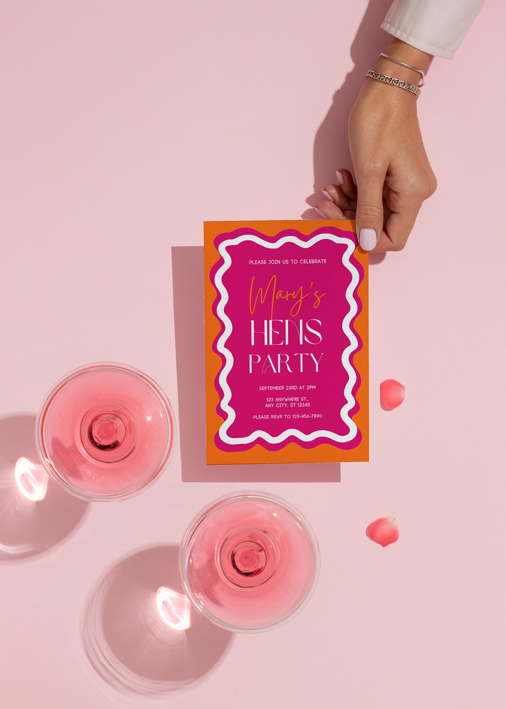 Hens Wavy Border Invitation, Wavy Pink & Orange Bachelorette Party ...