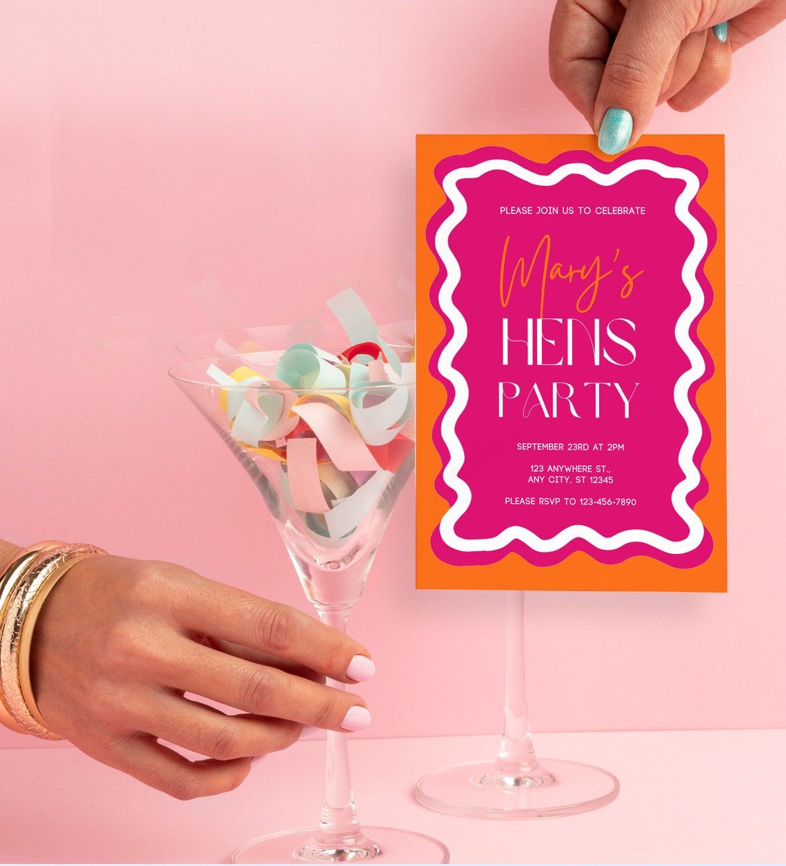 Hens Wavy Border Invitation, Wavy Pink & Orange Bachelorette Party ...