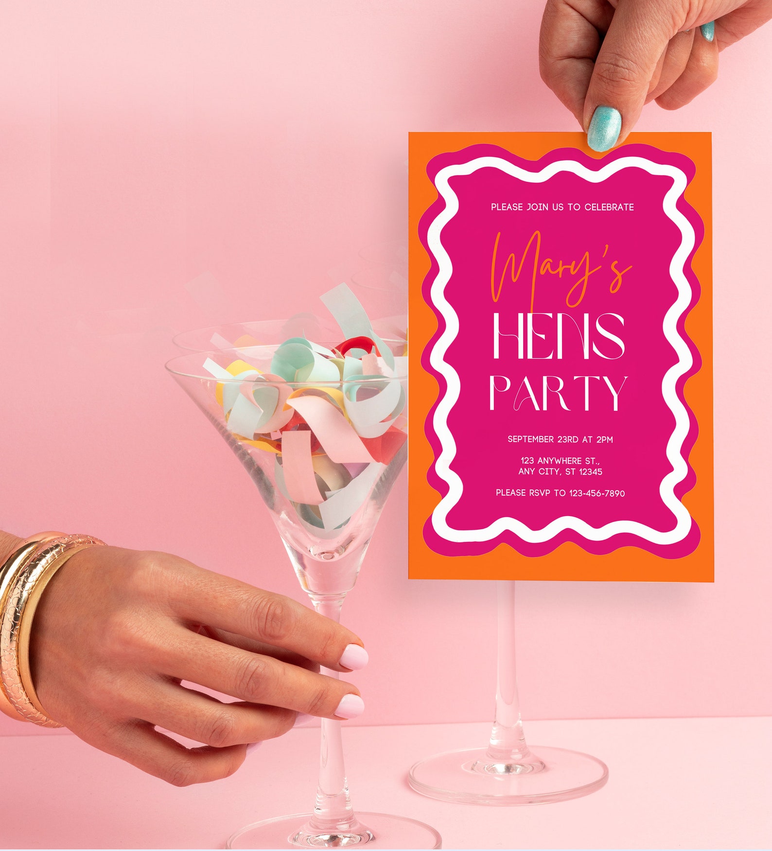 Hens Wavy Border Invitation, Wavy Pink & Orange Bachelorette Party ...