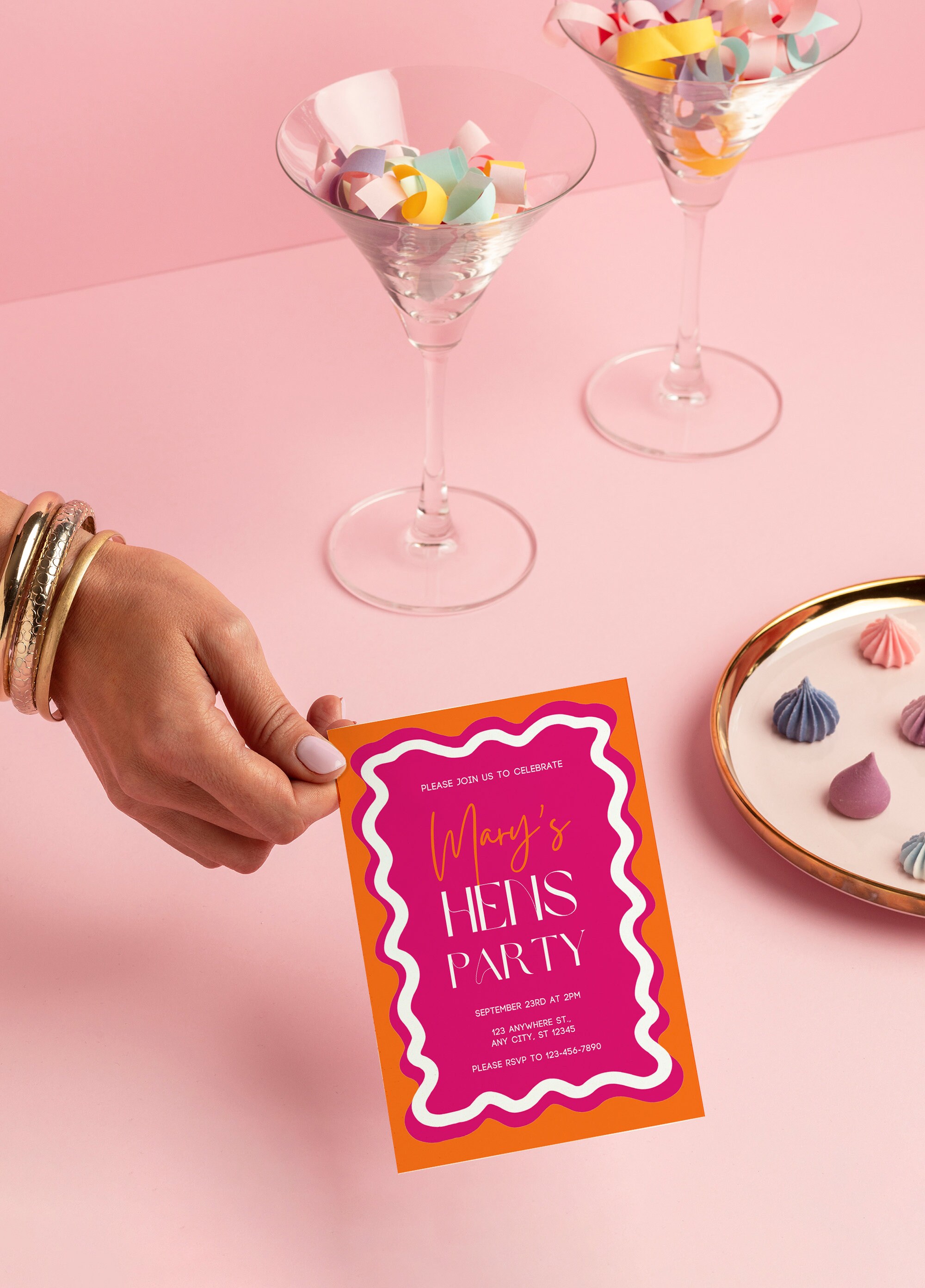 Hens Wavy Border Invitation, Wavy Pink & Orange Bachelorette Party ...