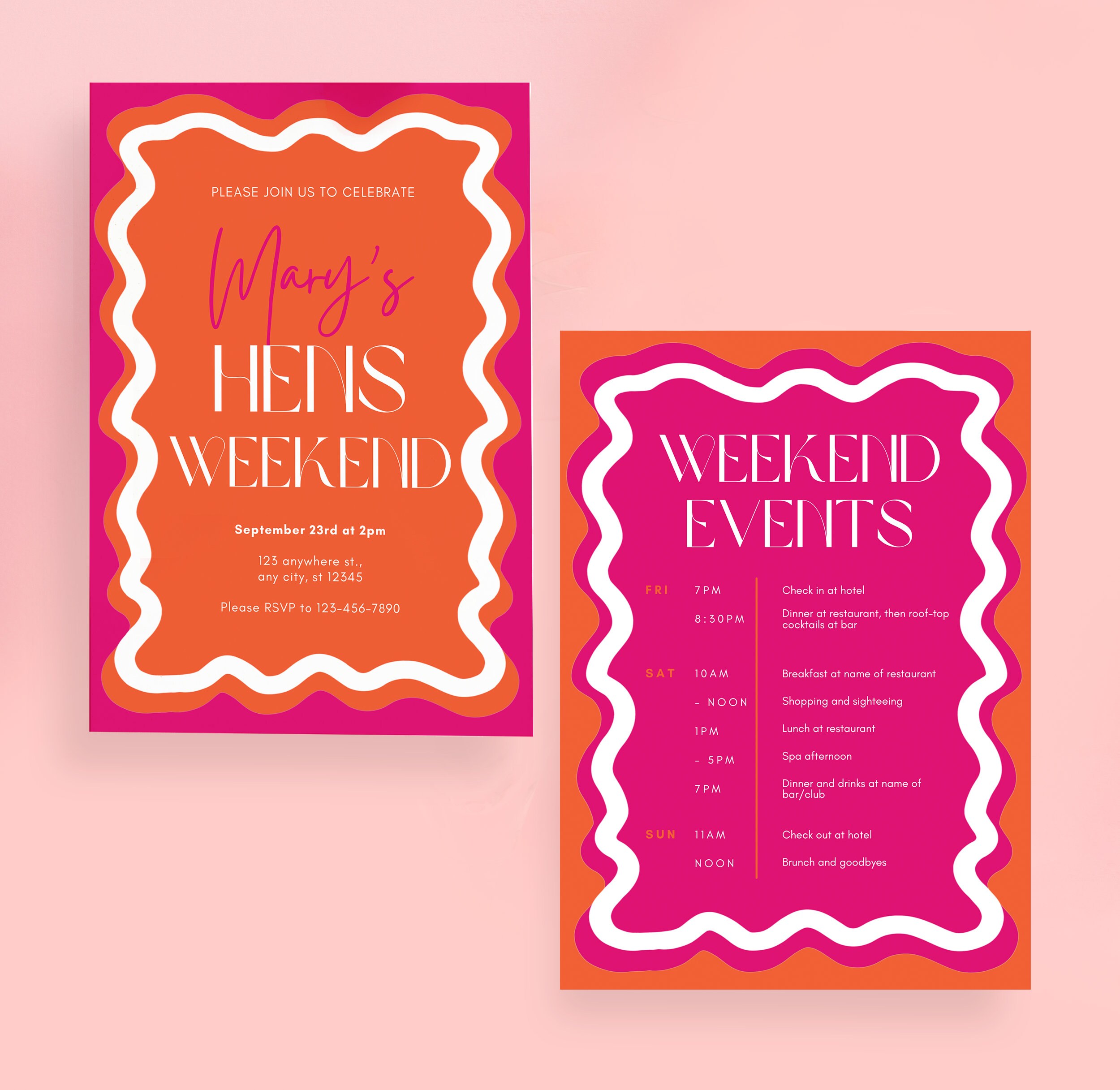 Hens Weekend Wavy Invitation, Orange and Pink Wavy Editable Invite ...