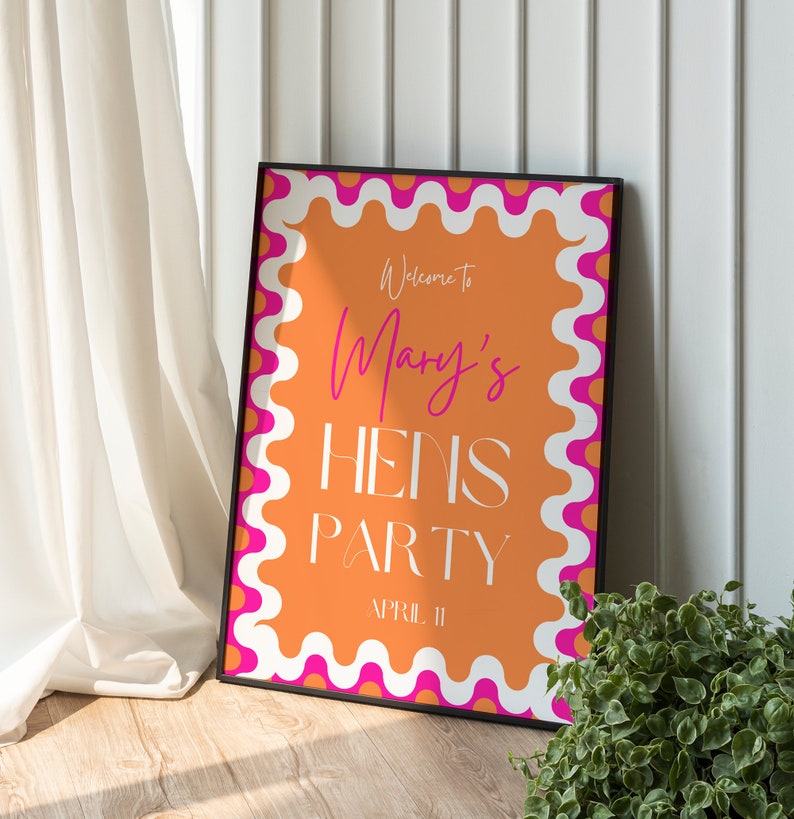 Wavy Hens Welcome Sign, Pink & Orange Wavy Bridal Shower Poster, Hens ...