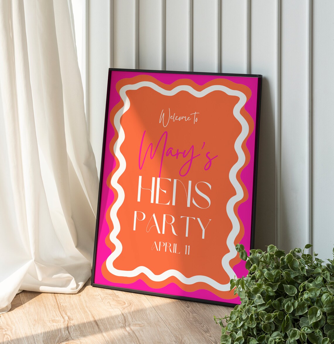 Pink & Orange Wavy Bridal Shower Welcome Sign, Wavy Hens Welcome Sign ...