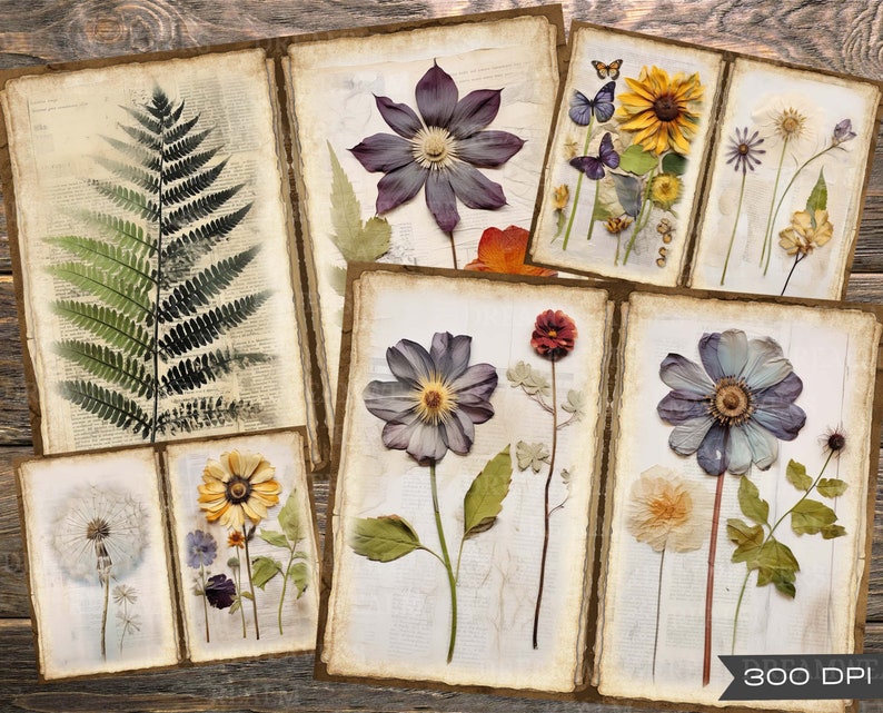 Vintage Dried Flowers Junk Journal Kit PNG Printables, Scrapbooking Collage Papers, Card Making ...