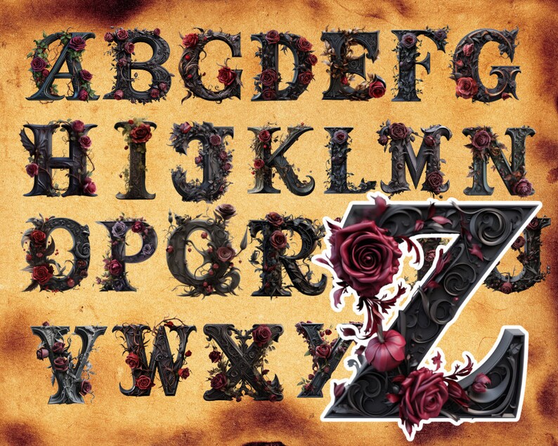 Gothic Font Alphabet, Art Nouveau Initials Clipart Bundle Full English ...