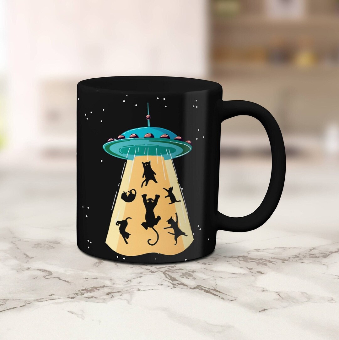 Black Cat Alien Abduction Coffee Mug | Funny Gifts for UFO Enthusiasts ...