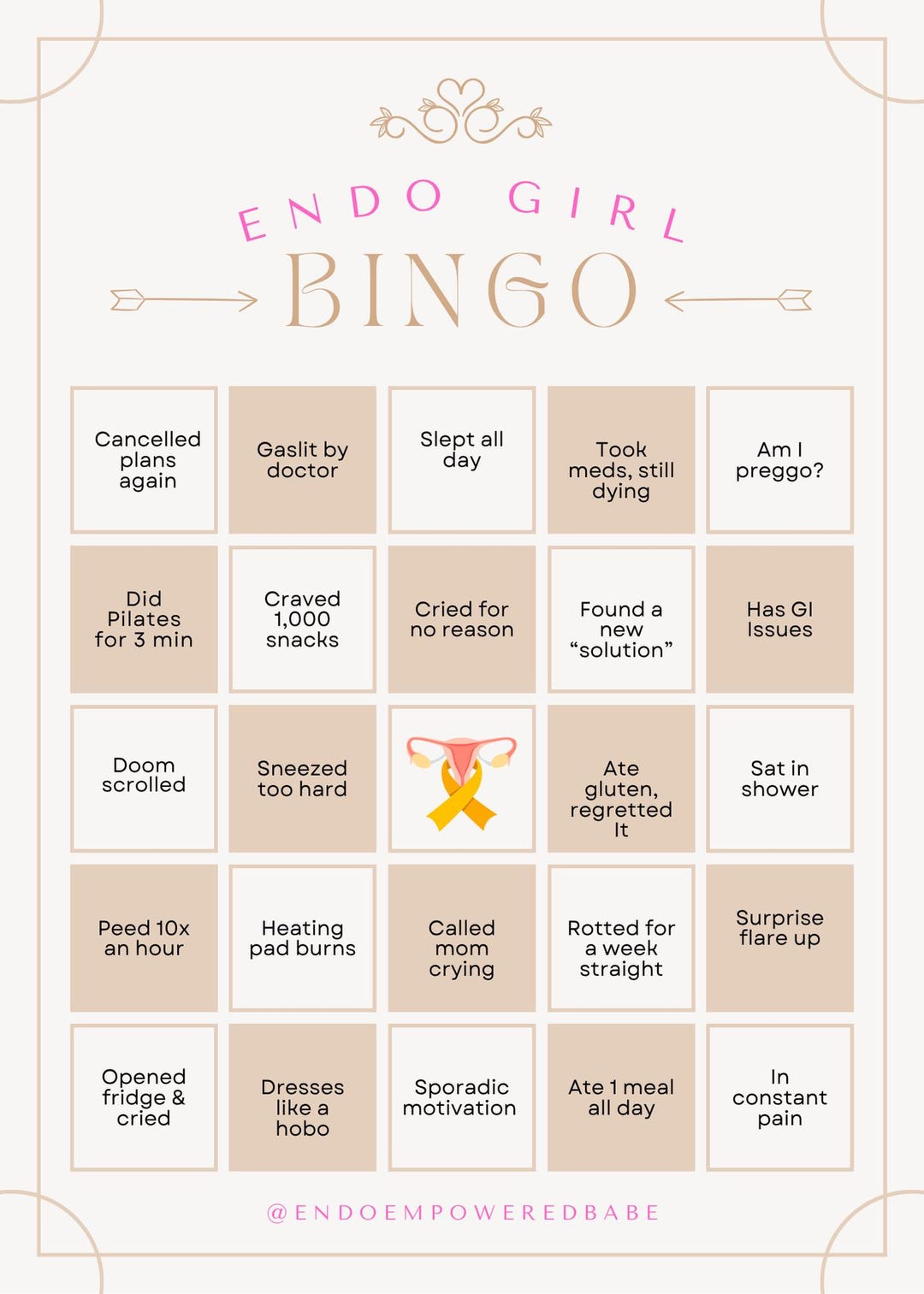 Endo Girl Bingo Printable-funny Endometriosis Digital Download for ...