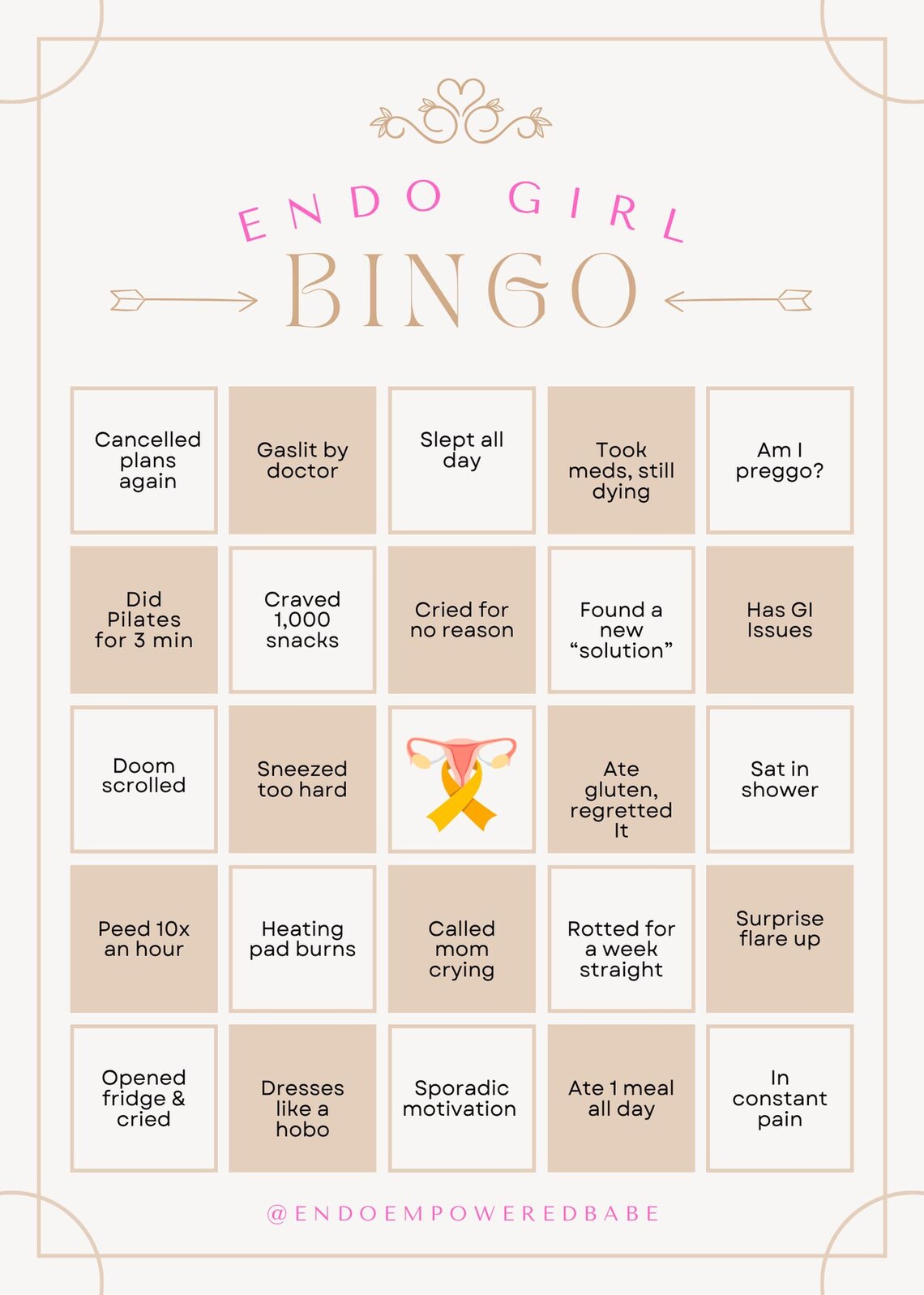 Endo Girl Bingo Printable-funny Endometriosis Digital Download for ...