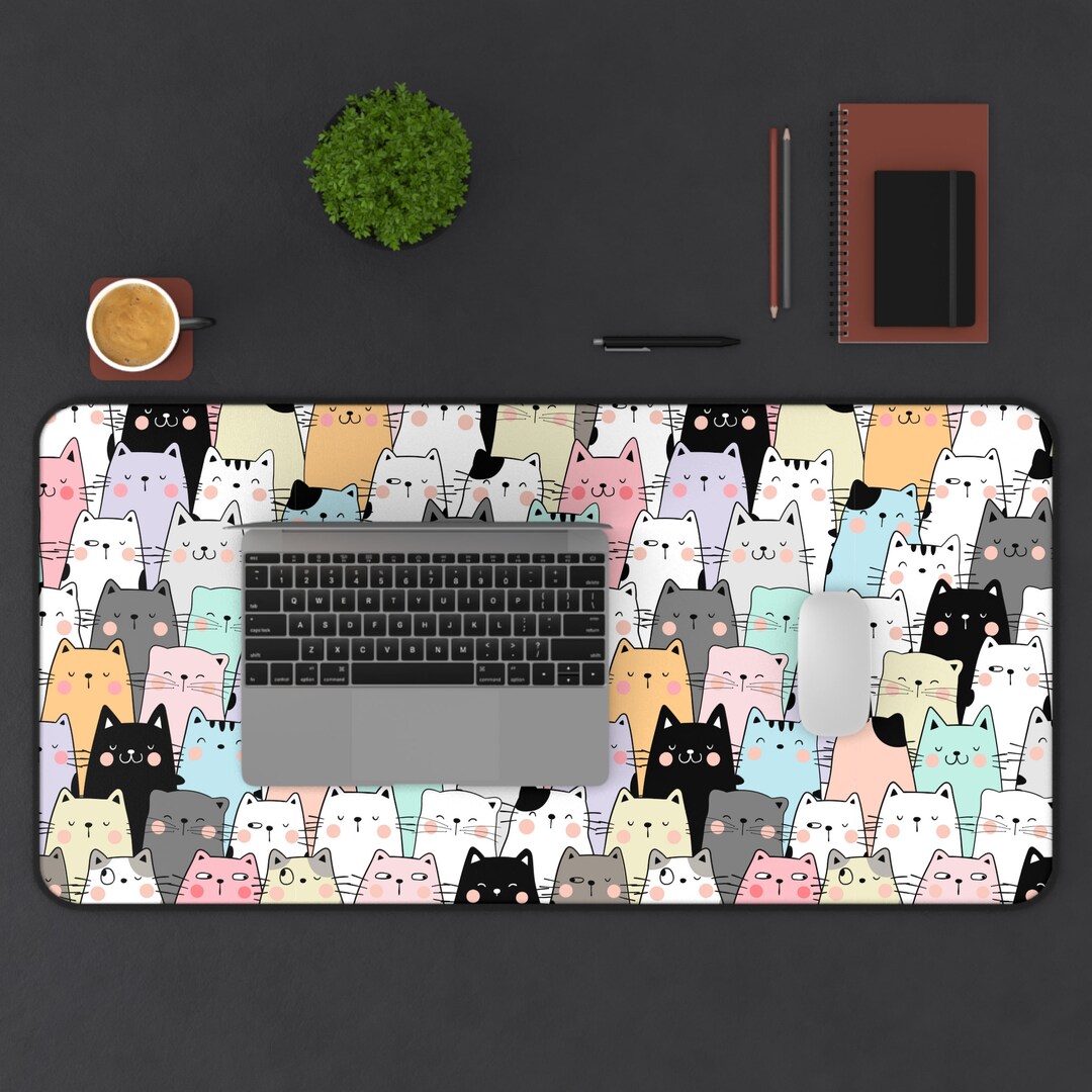 Handdrawn Kawaii Cats Desk Mat Mouse Pad Cute Cat Office Decor Office ...