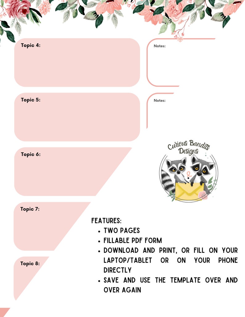 Meeting Agenda Template Different Colored Flowers pink - Etsy