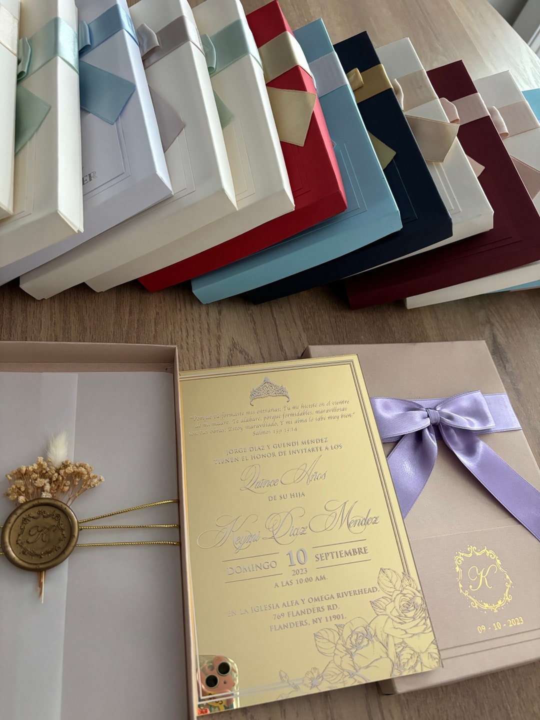 Gold Mirrored Quinceañera Invitation. Invitation Box With Purple Ribbon ...