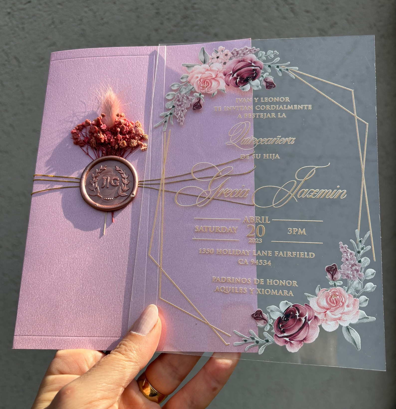 Floral Acrylic Quinceanera Invitations, Pearlescent Pink Half Envelope ...