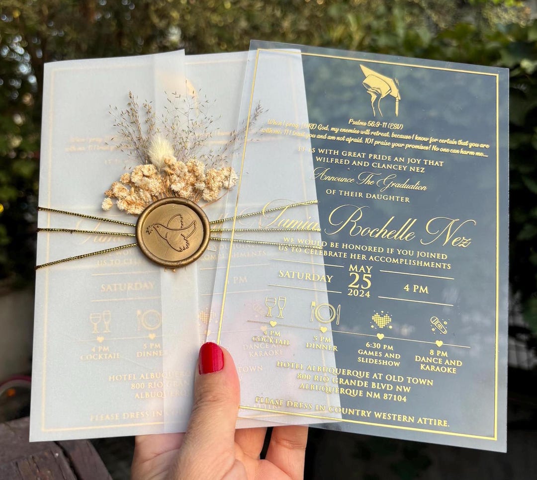 Gold Foil Acrylic Graduation Invitation: Vellum Wrap, Dried Flowers ...
