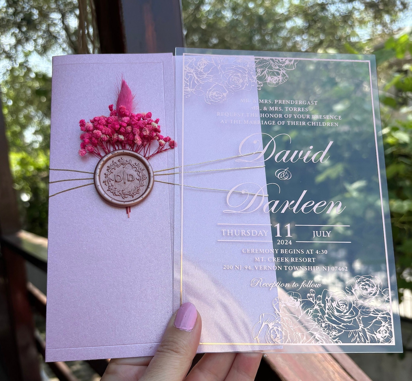 Pearlescent Pink Half Envelope Acrylic Wedding Invitation, Clear ...