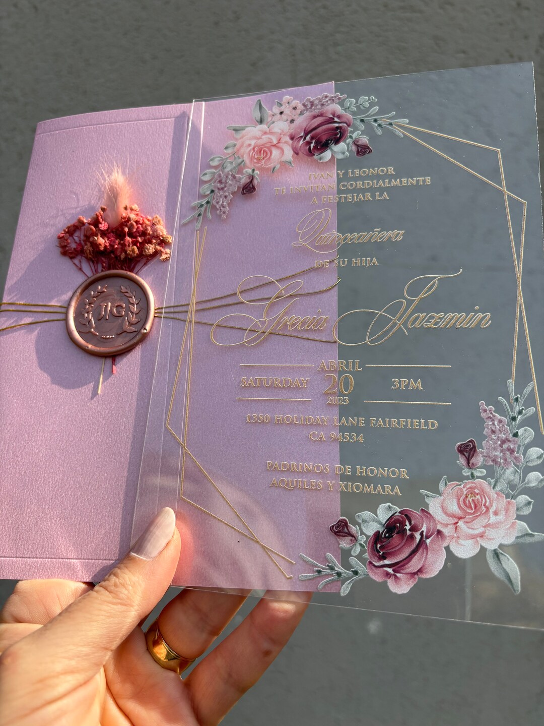 Floral Acrylic Quinceanera Invitations. Pearlescent Pink Half Envelope ...