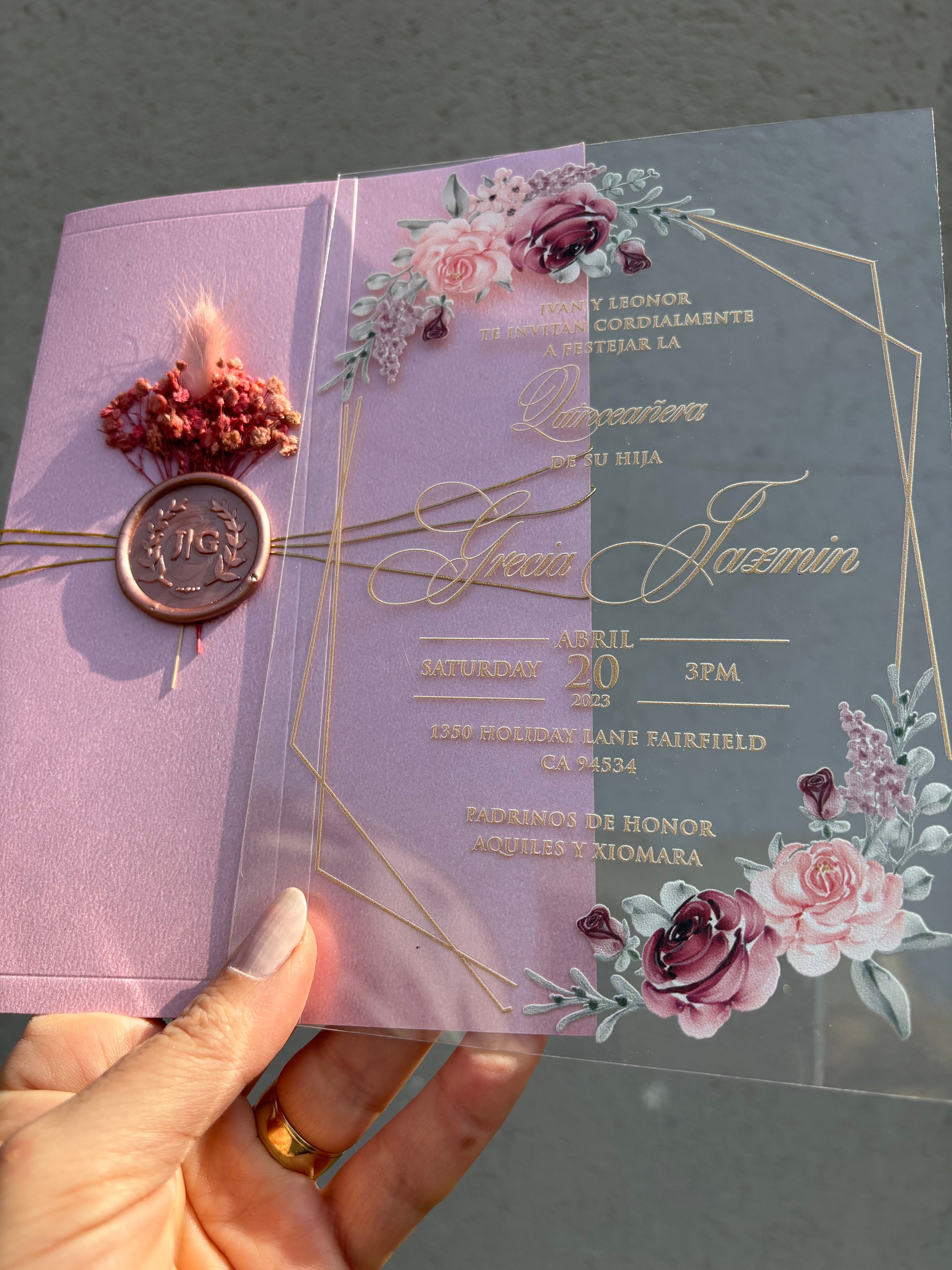 Floral Acrylic Quinceanera Invitations, Pearlescent Pink Half Envelope ...