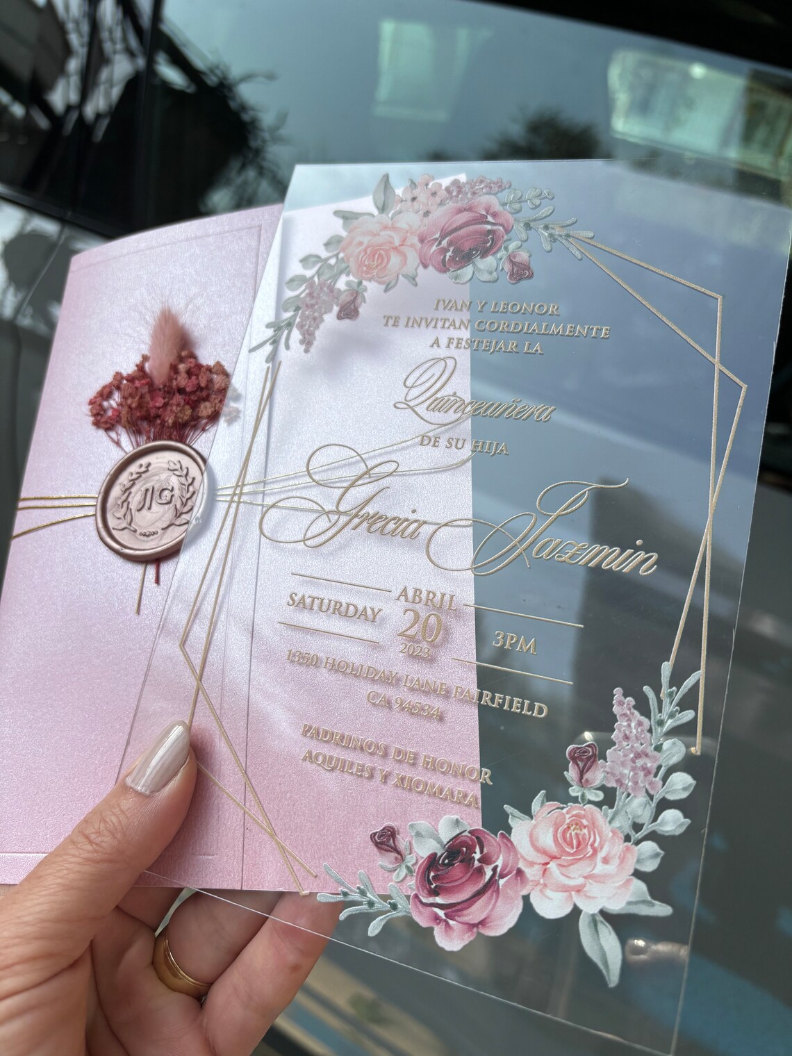Floral Acrylic Quinceanera Invitations, Pearlescent Pink Half Envelope ...