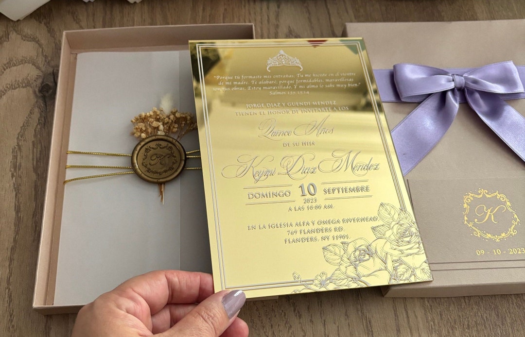 Mirrored Quinceañera Invitation Box: Lilac Ribbon, Gold Mirror - Etsy