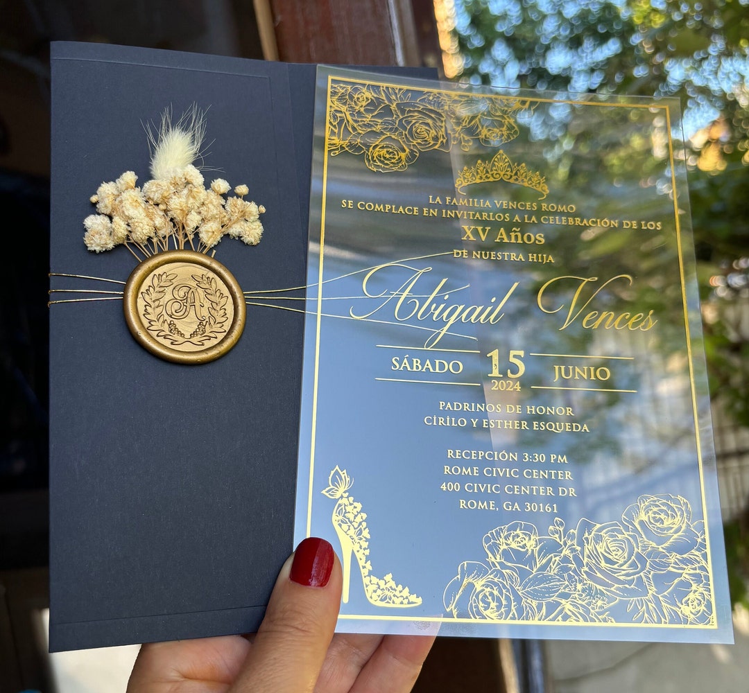 Clear Acrylic 15 Anos Invitation Card, Navy Blue Half Envelope, Gold ...