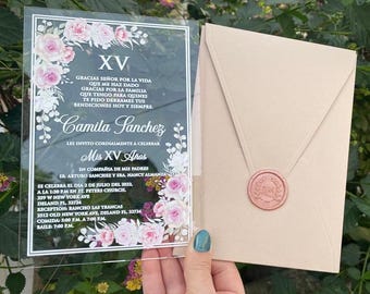 Floral Acrylic Quinceanera Invitations, Pearlescent Pink Half Envelope ...