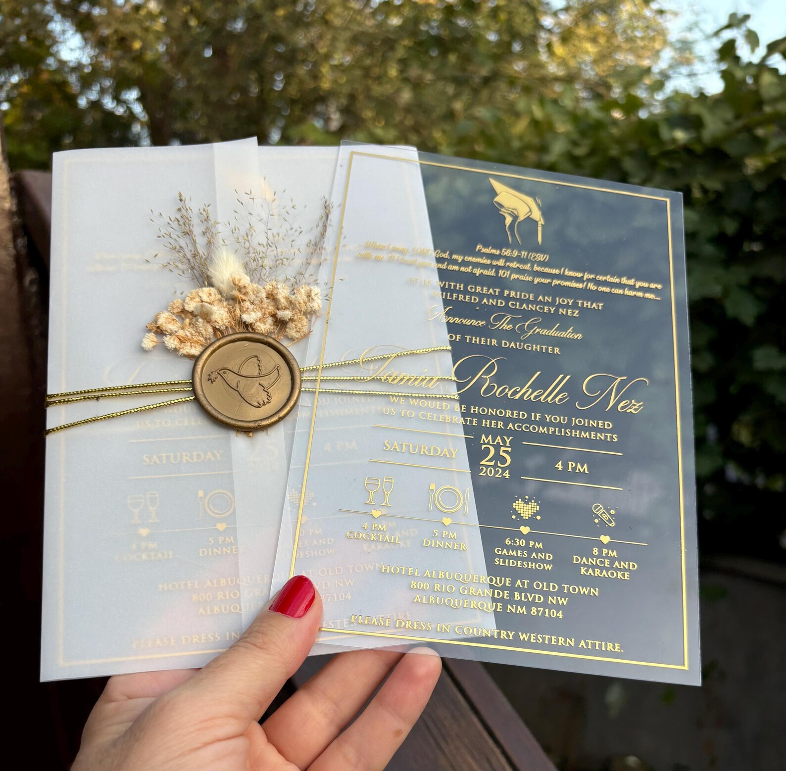 Gold Foil Acrylic Graduation Invitation: Vellum Wrap, Dried Flowers ...