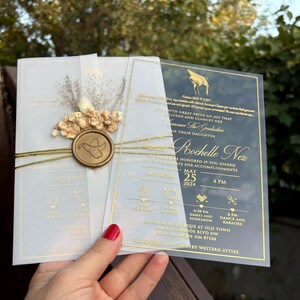 Gold Foil Acrylic Graduation Invitation: Vellum Wrap, Dried Flowers ...