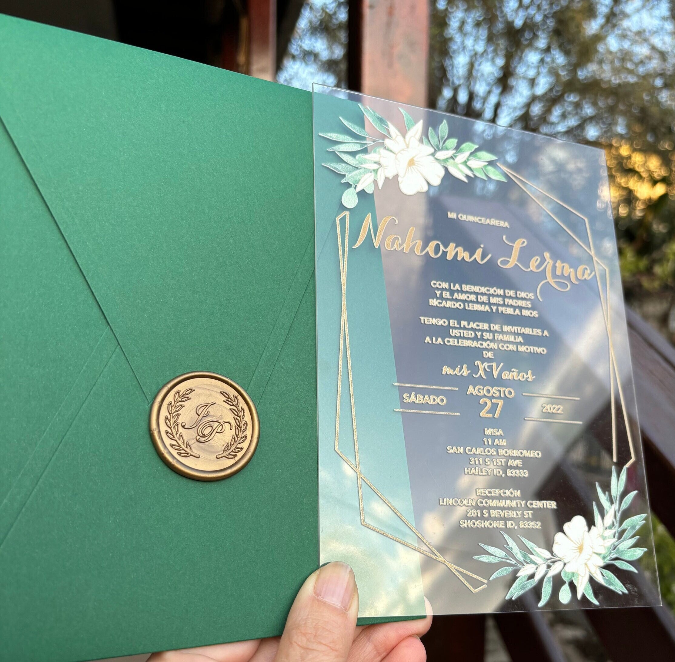 UV Printed Acrylic Quinceañera Invitation, Green Envelope and Gold Wax ...