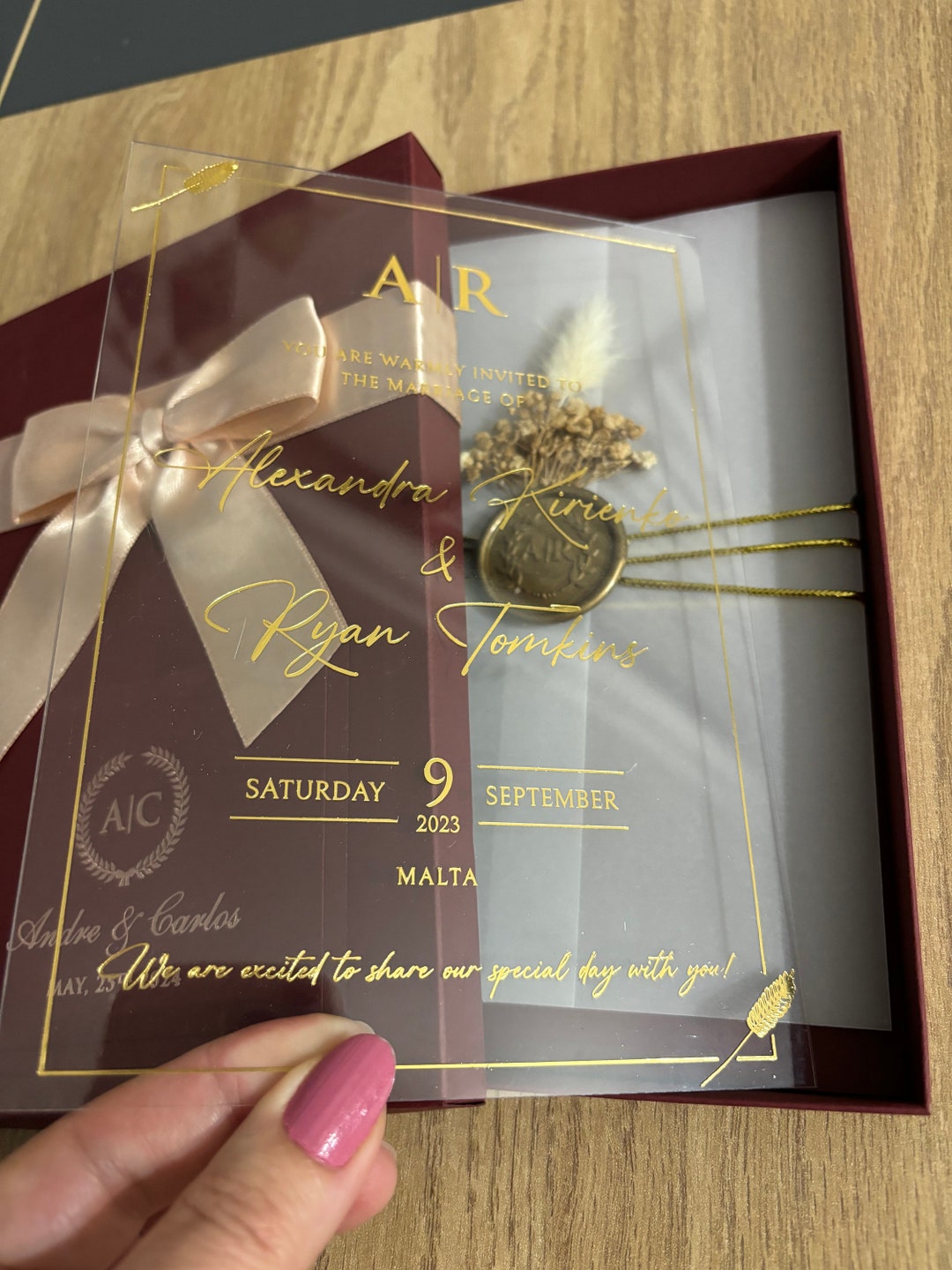 Luxury Burgundy Wedding Invitation Box. Acrylic Gold Foil Printed ...