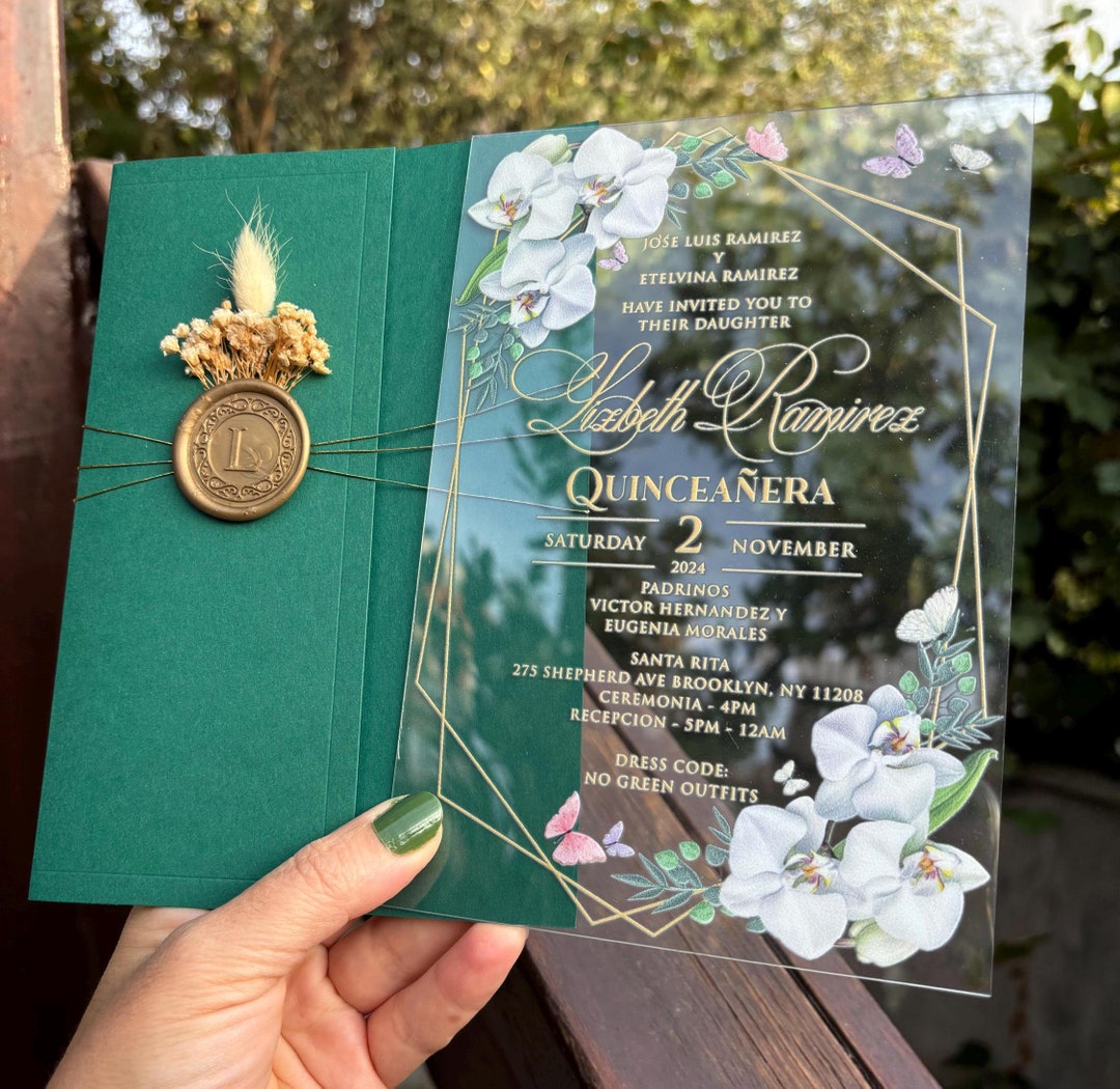 Lily Flower Invitation, Acrylic Quinceañera Invitation, Green Half ...