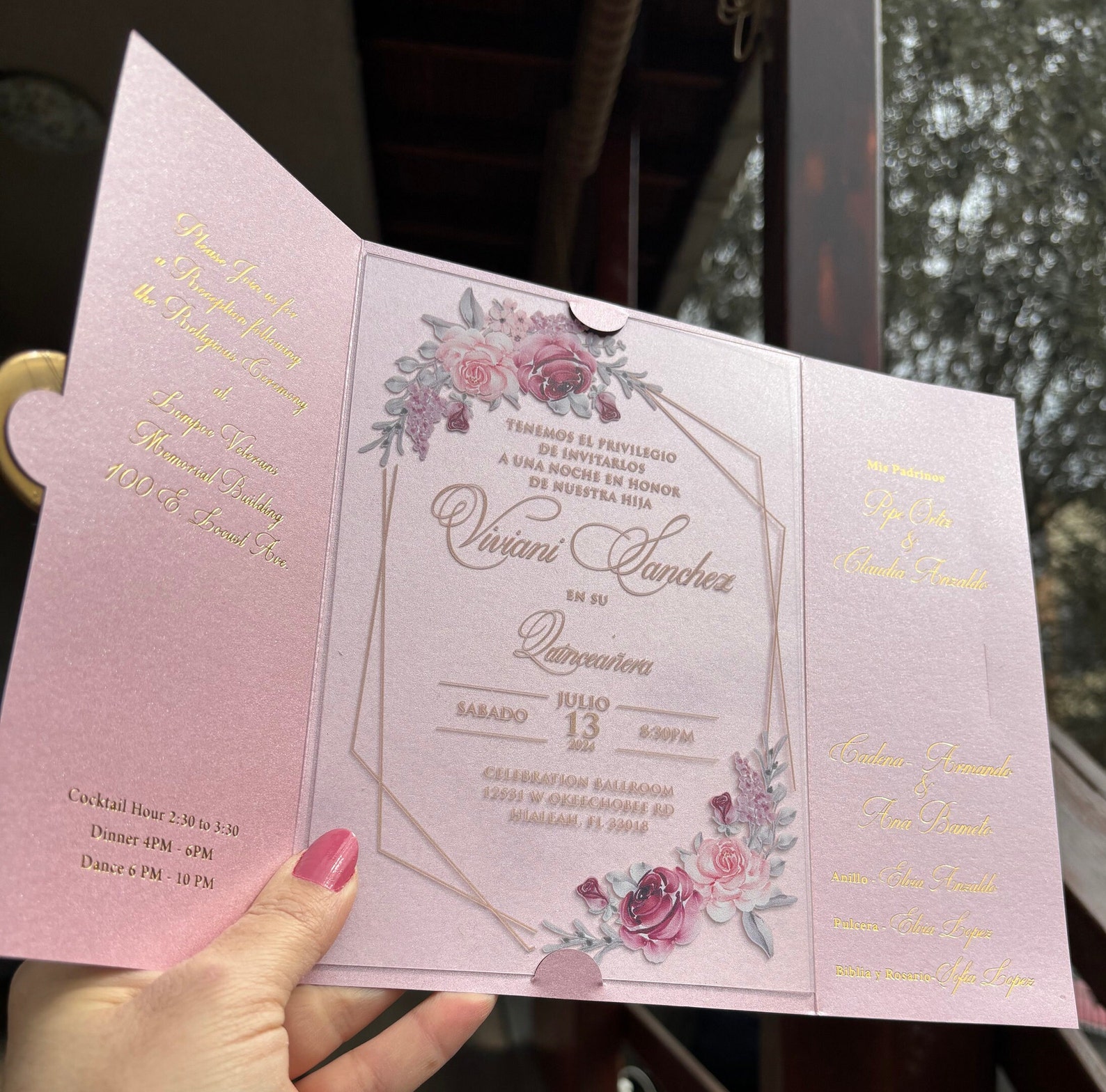 Floral Acrylic Quince Invitations With Gold Foil, Pink Pearlescent ...