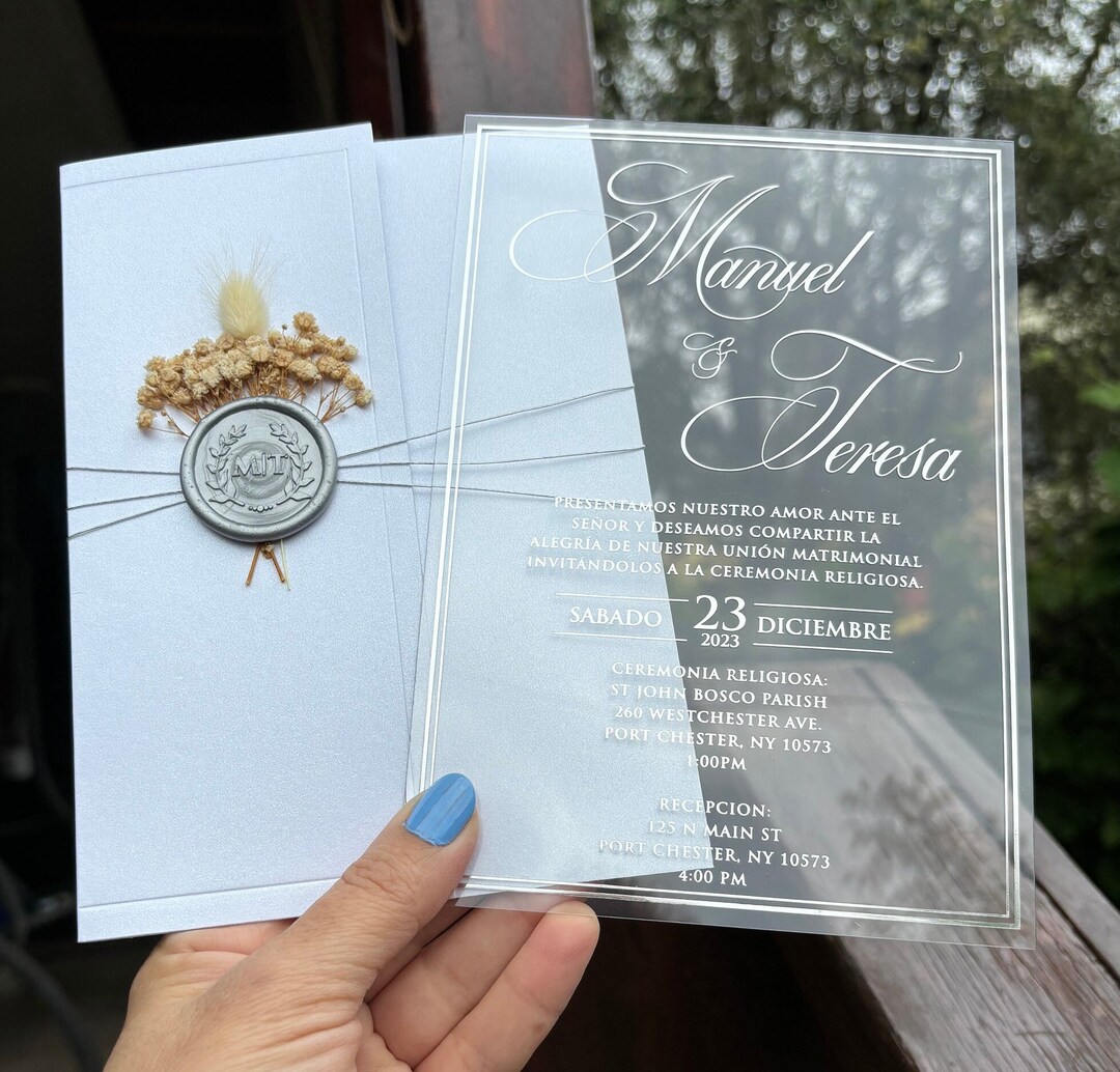Pearlescent White Wedding Invitation, Silver Printed Acrylic Invitation ...