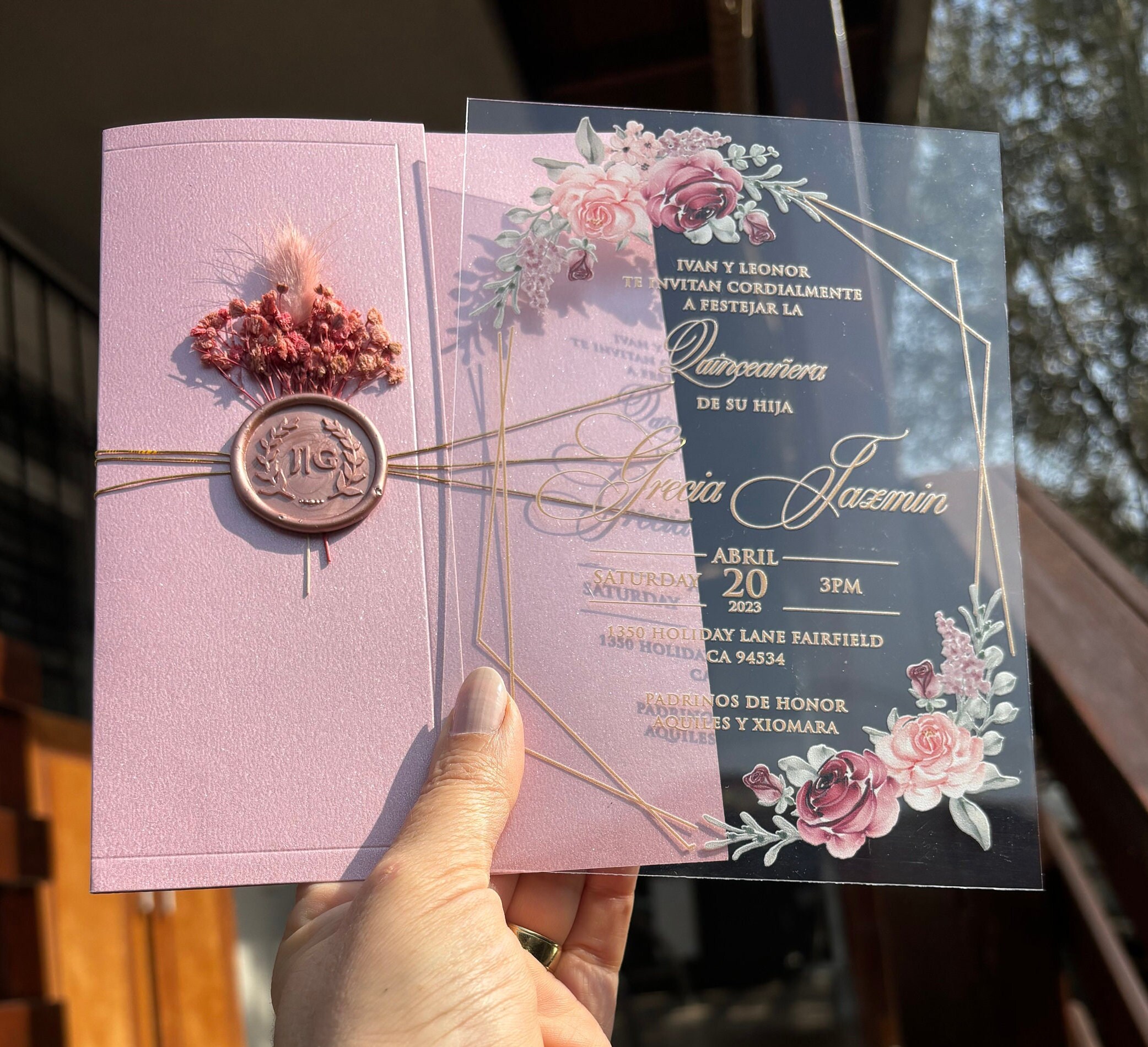 Floral Acrylic Quinceanera Invitations, Pearlescent Pink Half Envelope ...