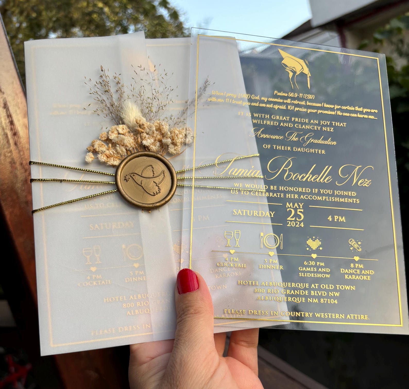 Gold Foil Acrylic Graduation Invitation: Vellum Wrap, Dried Flowers ...