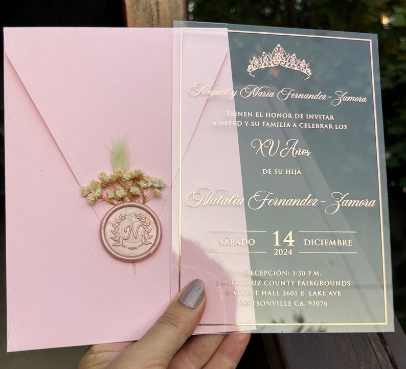 Quinceañera Acrylic Invitation, Rose Gold Foil Invite, Pink Envelope ...