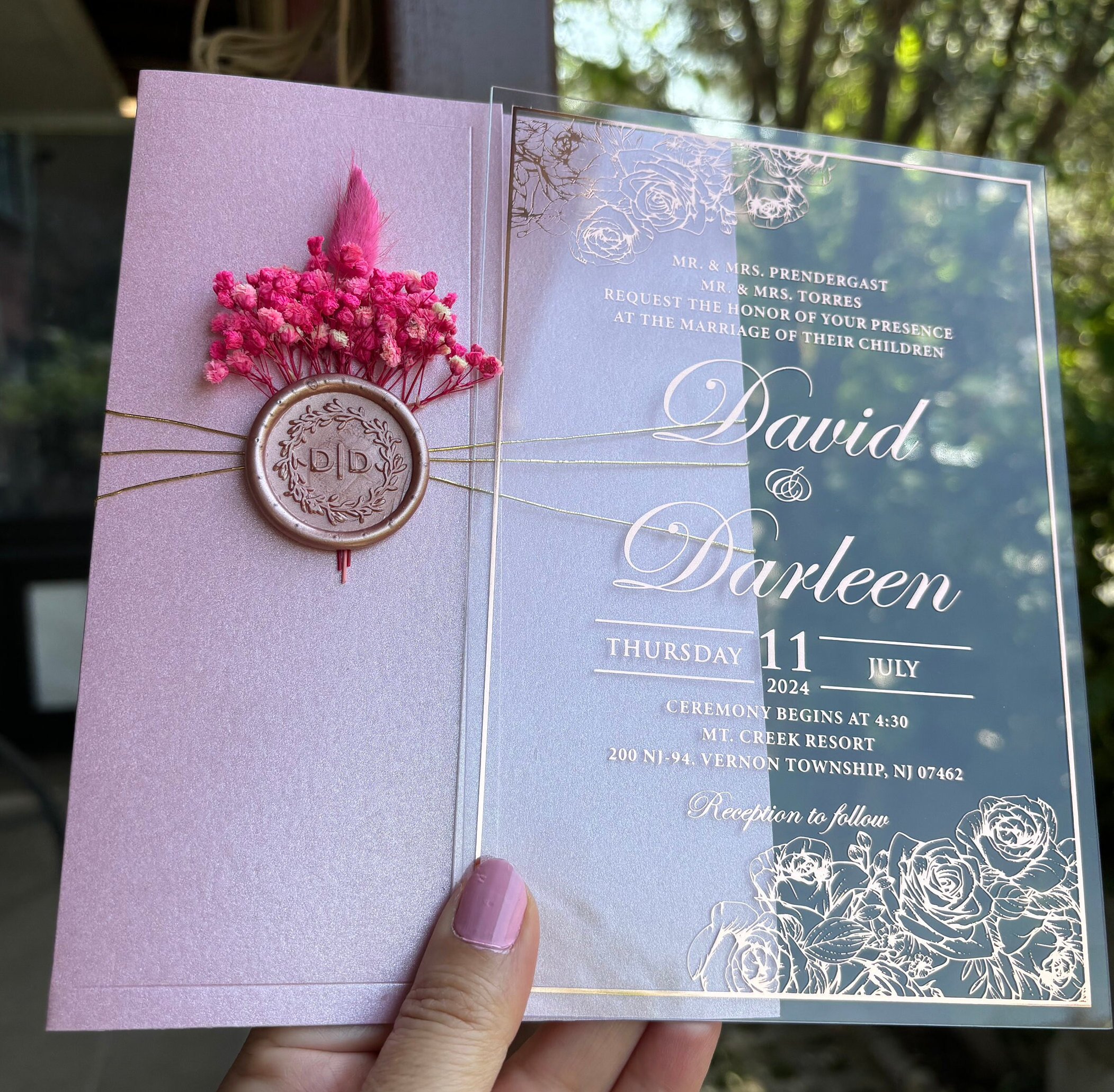 Pearlescent Pink Half Envelope Acrylic Wedding Invitation, Clear ...