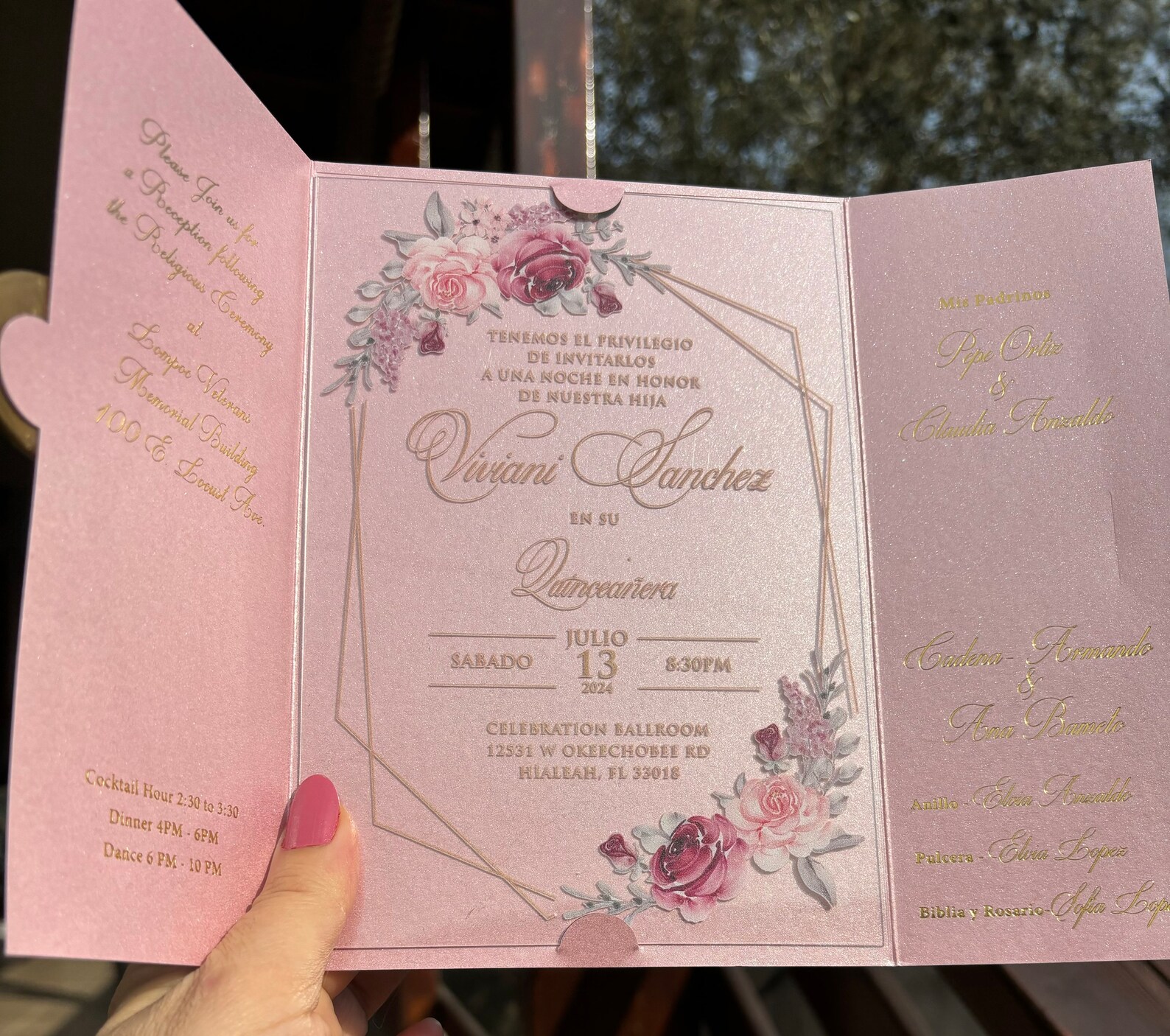 Floral Acrylic Quince Invitations With Gold Foil, Pink Pearlescent ...