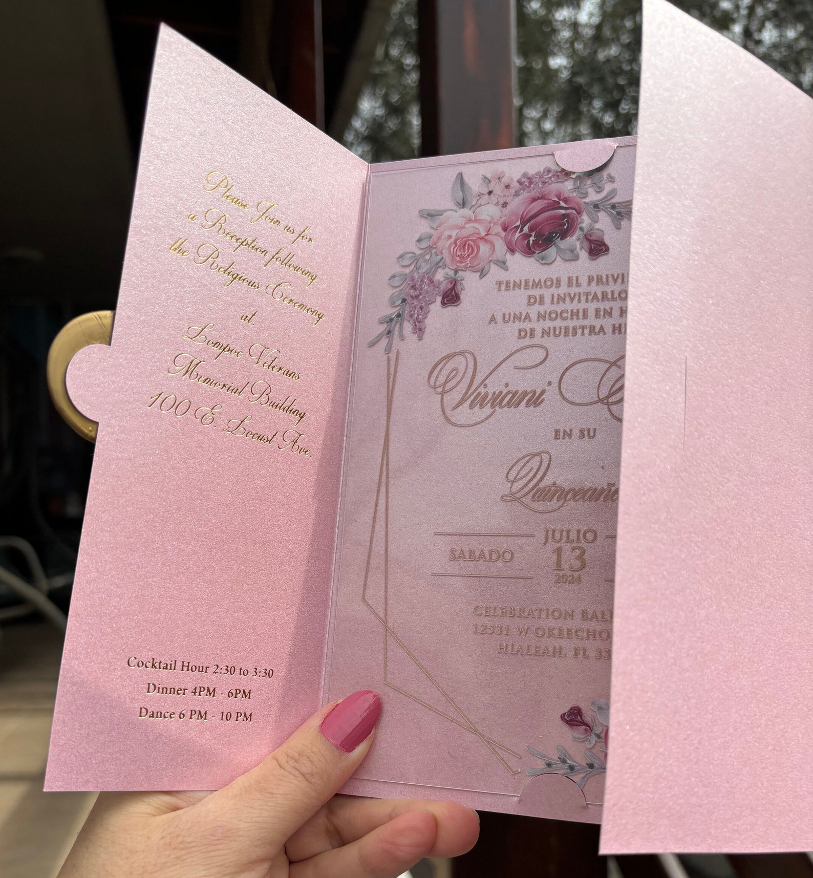 Floral Acrylic Quince Invitations With Gold Foil, Pink Pearlescent ...