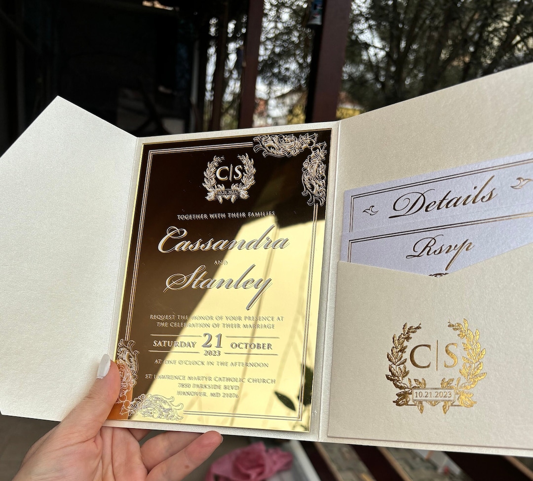 Gold Mirrored Wedding Invitation: Pearlescent Ivory Pocket, Foil ...
