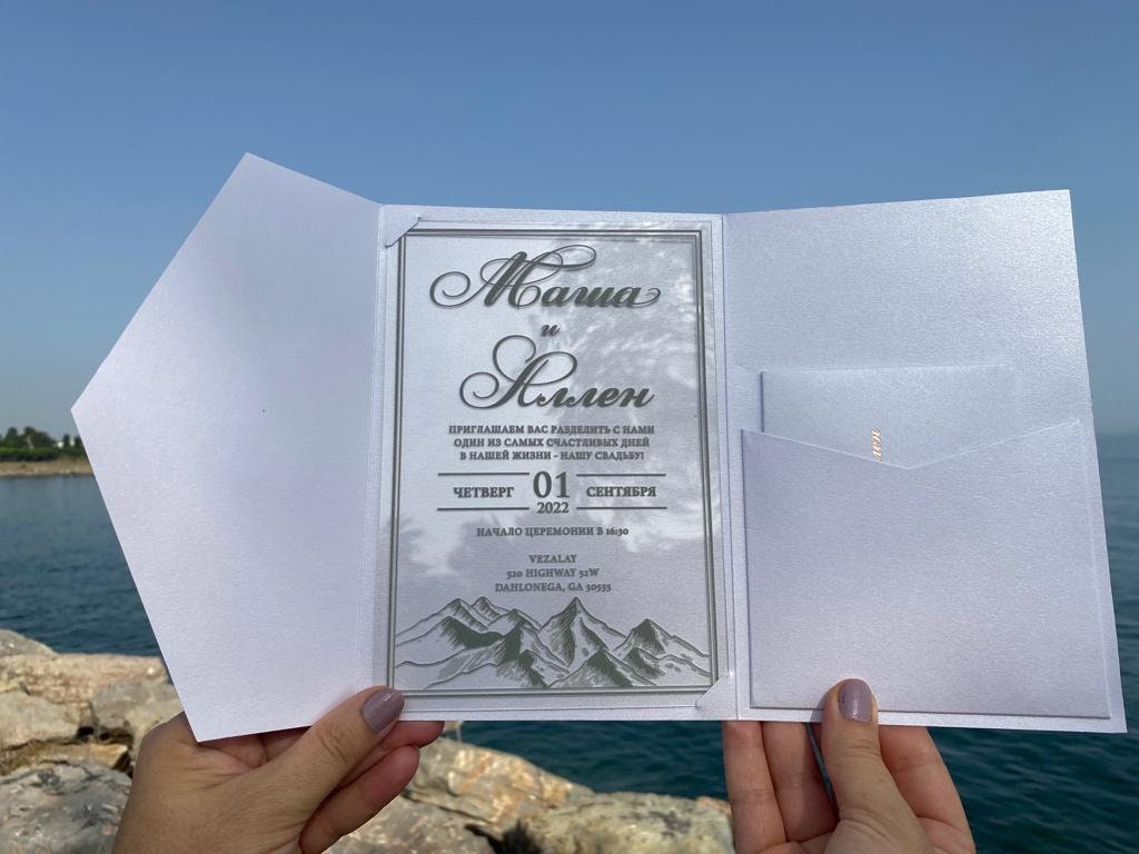 Luxury Acrylic Wedding Invitation With Pocket, Pearl White Pearlescent ...