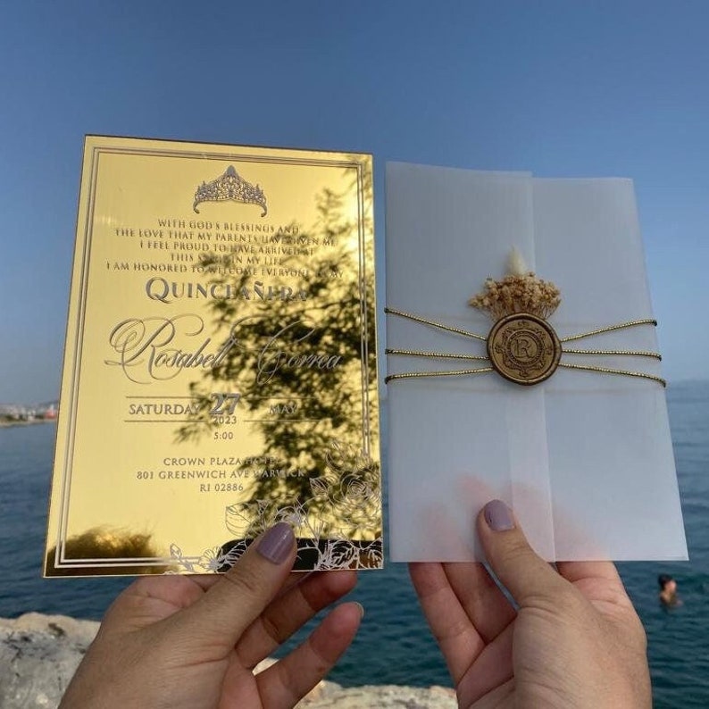 Gold Mirrored Plexiglass Invitation. Parchment Wrapped Invitation ...