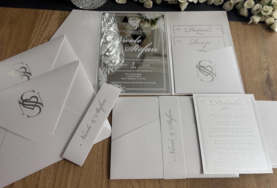 Silver Mirrored Wedding Invitations Set: White Pearlescent Paper.rsvp ...