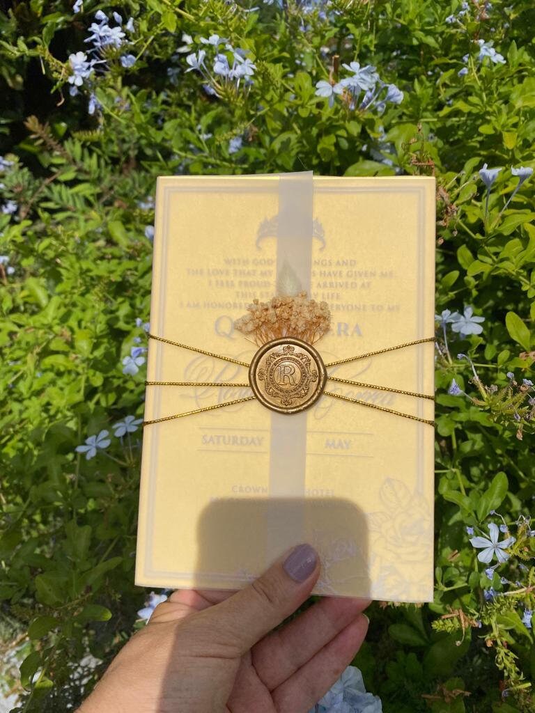 Gold Mirrored Plexiglass Invitation. Parchment Wrapped Invitation ...