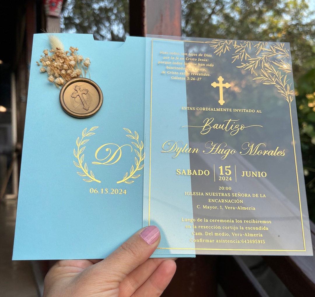 Acrylic Baptism Invitation. Customizable Baby Blue Envelope. Flexible ...