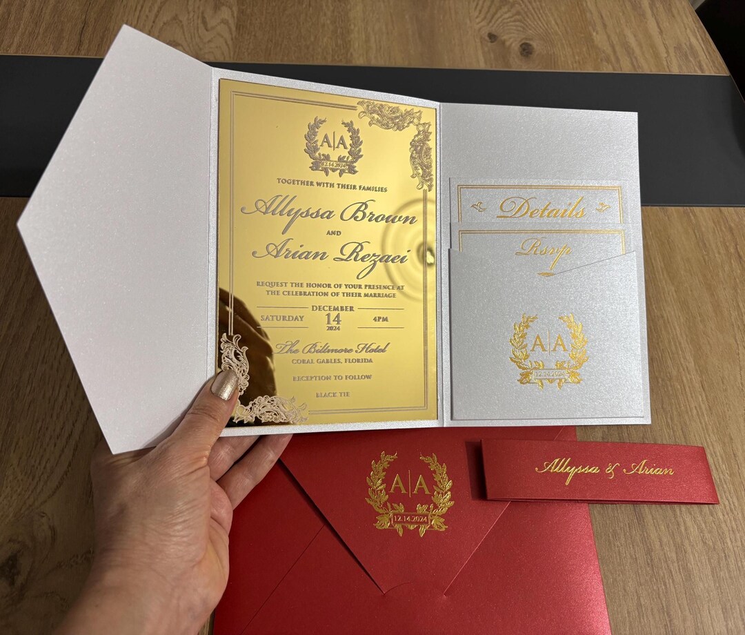 Wedding Invitation With Red Mail Envelope and Pocket Belt. Gold ...