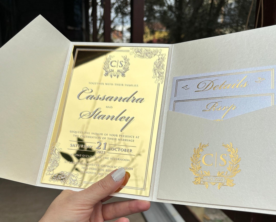 Luxury Gold Mirror Acrylic Wedding Invitation. Pearlescent Ivory Pocket ...