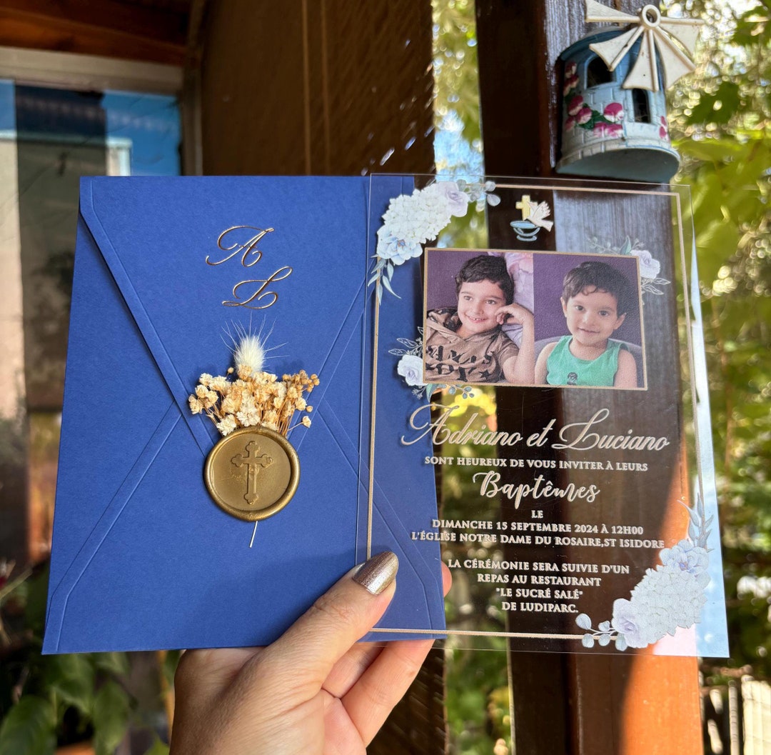 Custom Acrylic Baptism Invitation With Photo and Navy Blue Envelope - Etsy
