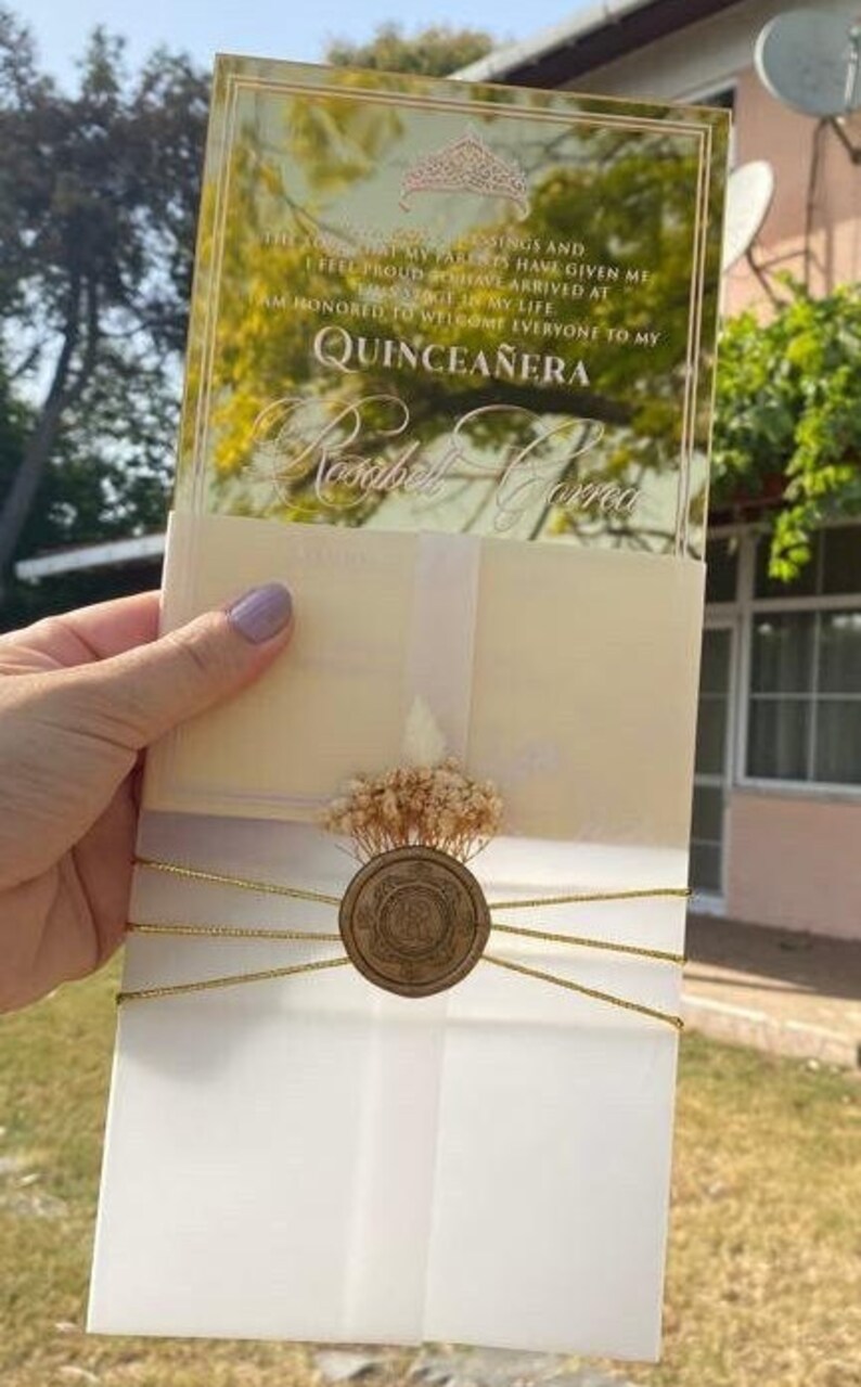 Gold Mirrored Plexiglass Invitation. Parchment Wrapped Invitation ...