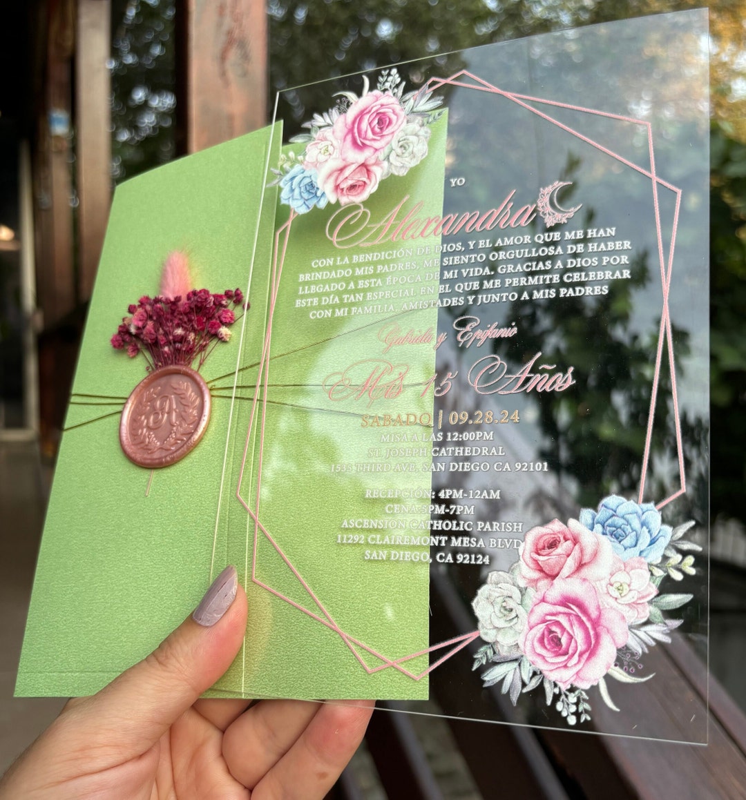 Mis Quince Anos Invitation Green Pearlescent Acrylic With Flower Rose ...