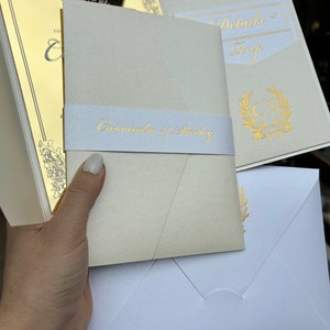 Luxury Gold Mirrored Wedding Invitation Set. Pearlescent Ivory Pocket ...