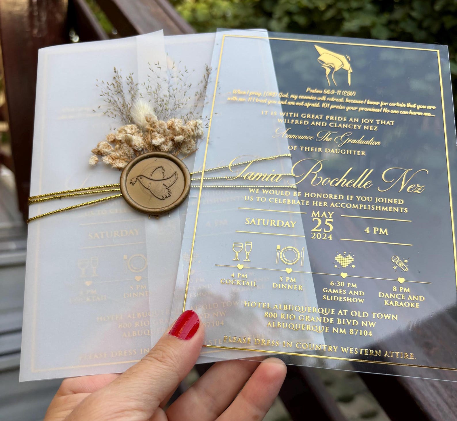Gold Foil Acrylic Graduation Invitation: Vellum Wrap, Dried Flowers ...